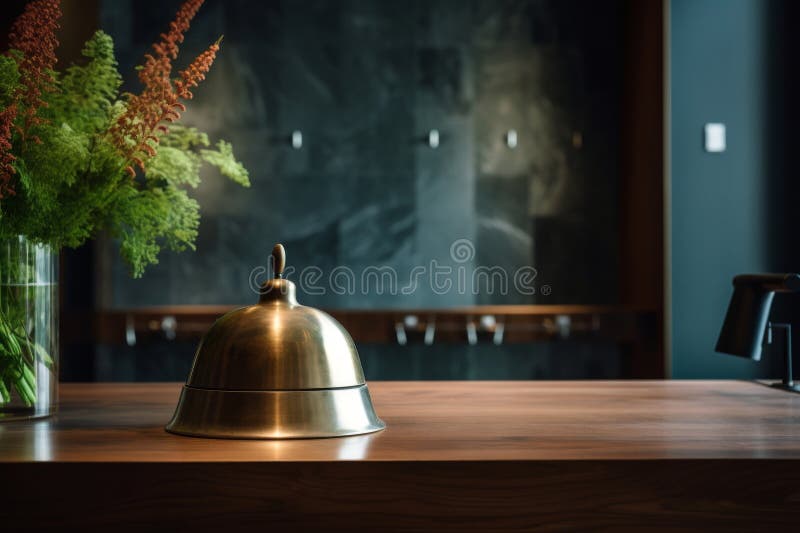 Hotel Bell and Decorative Plant on a Reception Table in Lobby ...