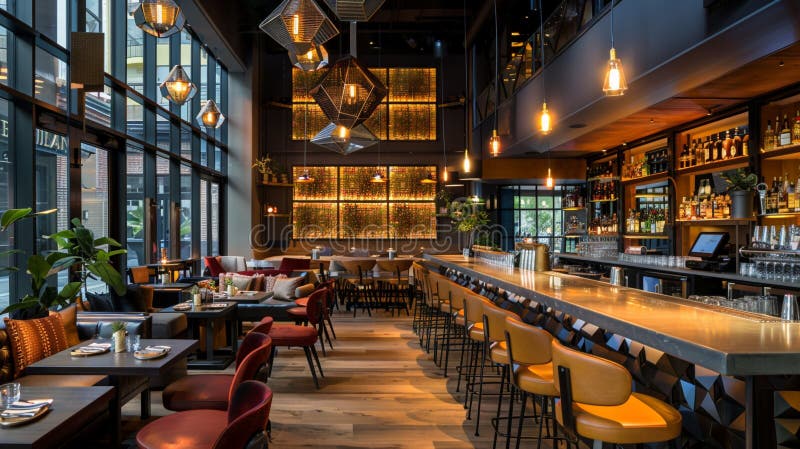 Hotel Bistro Features Geometric Light Fixtures and Communal Bar Stock ...