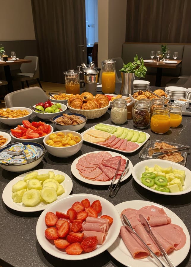 Hotel Breakfast Buffet with Fresh Fruit, Meat, and Pastries Stock Image ...