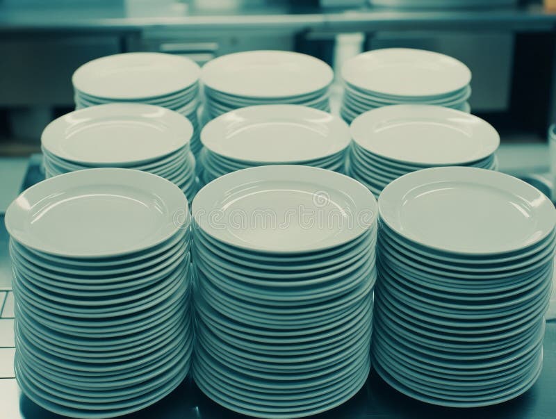 At the Hotel Breakfast Buffet, Tidy Stacks of Immaculate White Plates ...