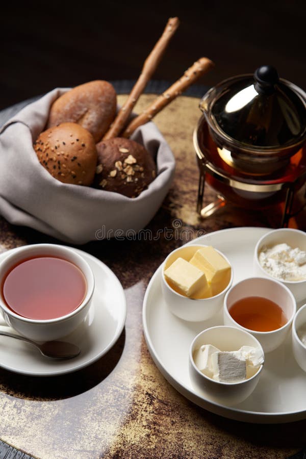 Hotel Breakfast Set on Table with Honey, Tea, Bread Stock Photo - Image ...