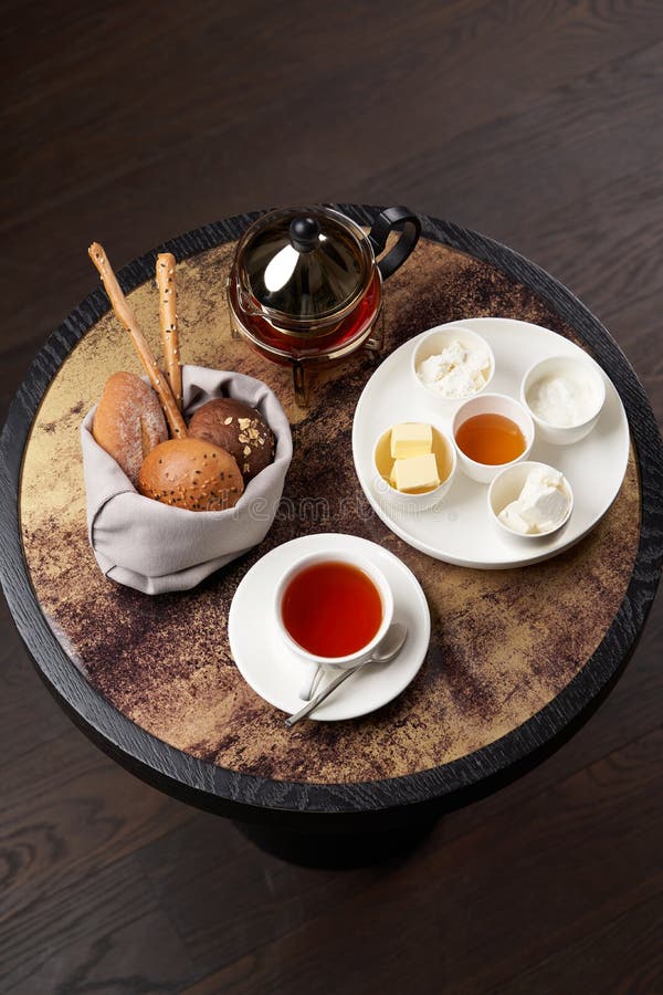 Hotel Breakfast Set on Table with Honey, Tea, Bread Stock Photo - Image ...