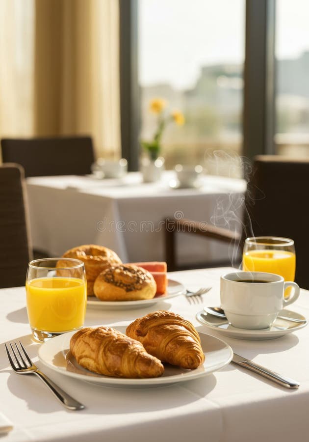 Hotel Breakfast Table Setting with Pastries and Drinks Stock Image ...