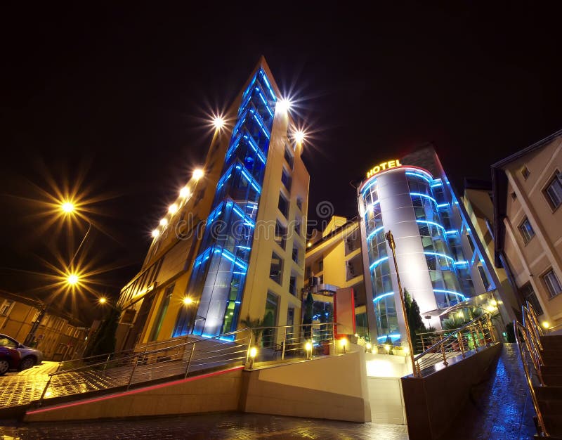 Hotel building at night stock photo. Image of tourism - 94864838