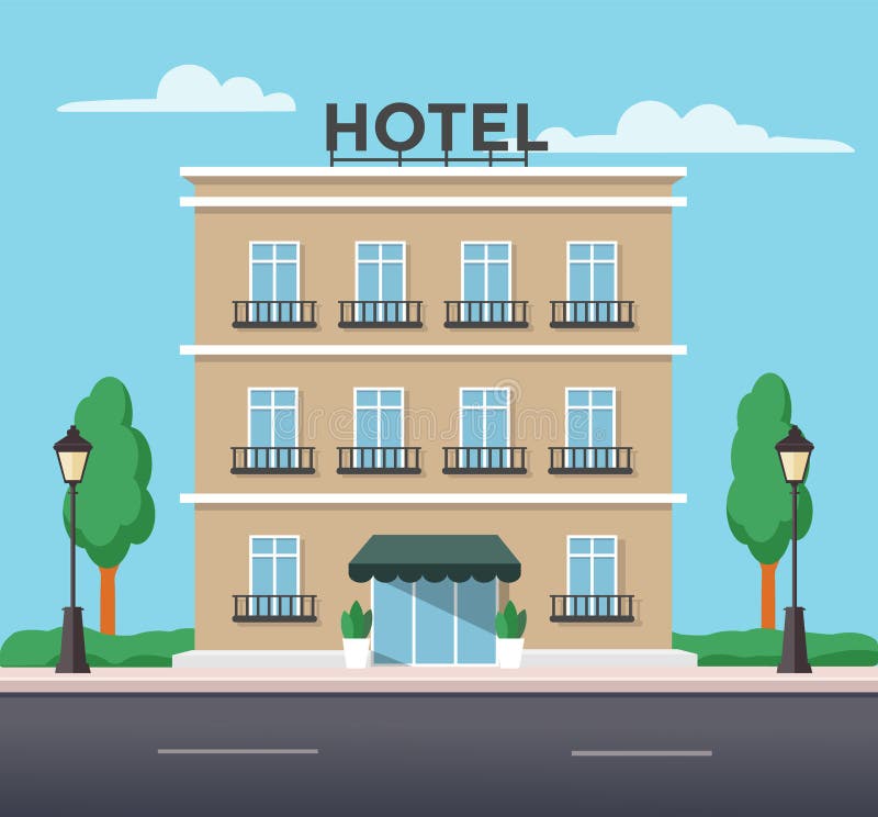 Hotel Building Place Scene in Flat Style. Stock Vector - Illustration ...