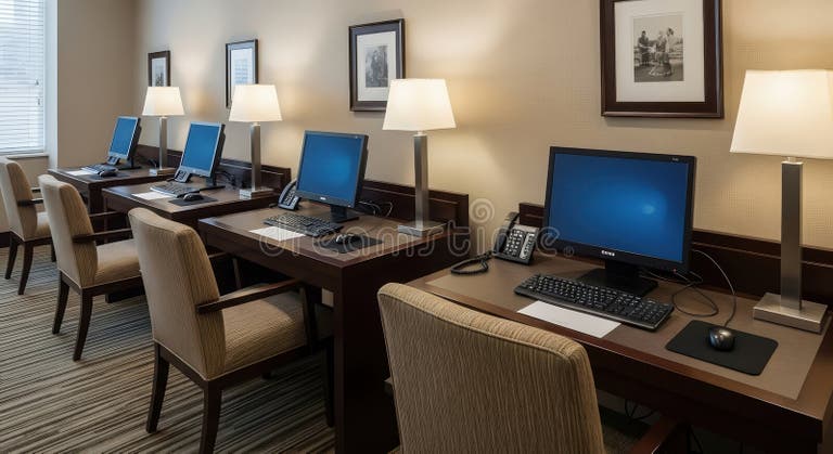 Hotel Business Center with Computers and Chairs Stock Illustration ...