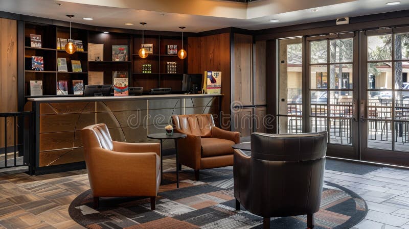 Hotel Check-in Counter with Comfortable Seating and Modern Decor Stock ...
