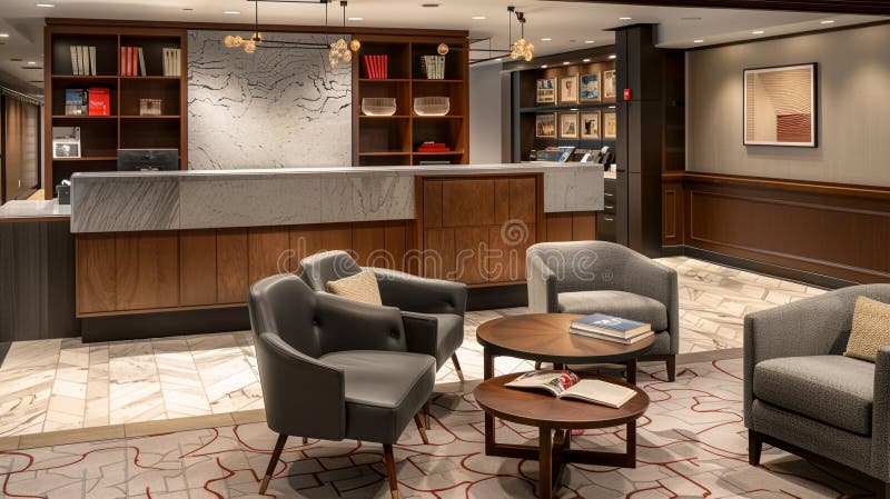 Hotel Check-in Counter with Comfortable Seating and Modern Decor Stock ...