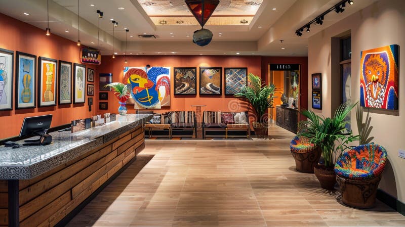 Hotel Check-in Counter Featuring Local Artwork and Cultural Motifs ...