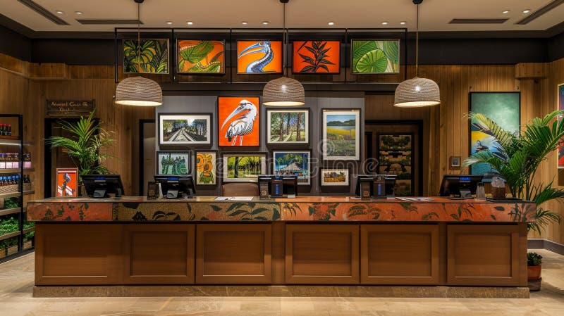 Hotel Check-in Counter Featuring Local Artwork and Cultural Motifs ...