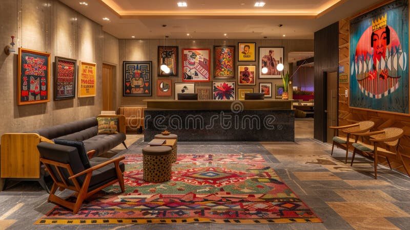 Hotel Check-in Counter Featuring Local Artwork and Cultural Motifs ...