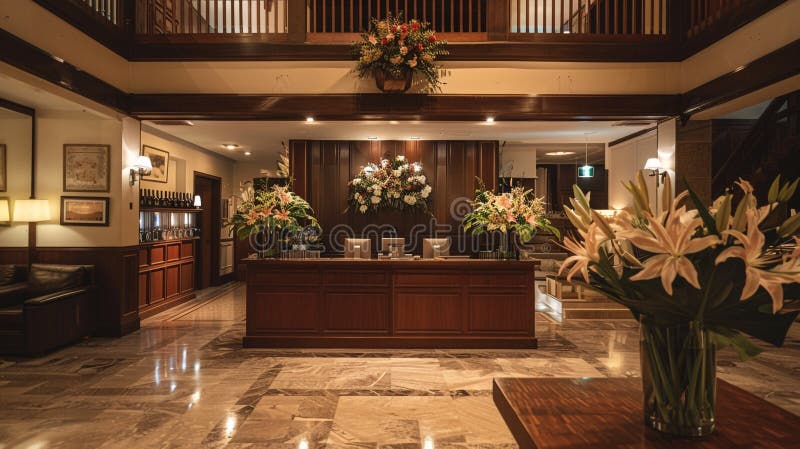 Hotel Check-in Counter with Floral Arrangements in Spacious Lobby Stock ...