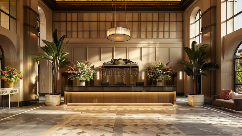 Hotel Check-in Counter with Floral Arrangements and Warm Lighting Stock ...