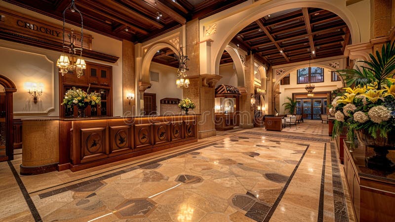 Hotel Check-in Counter in Spacious Lobby Stock Illustration ...