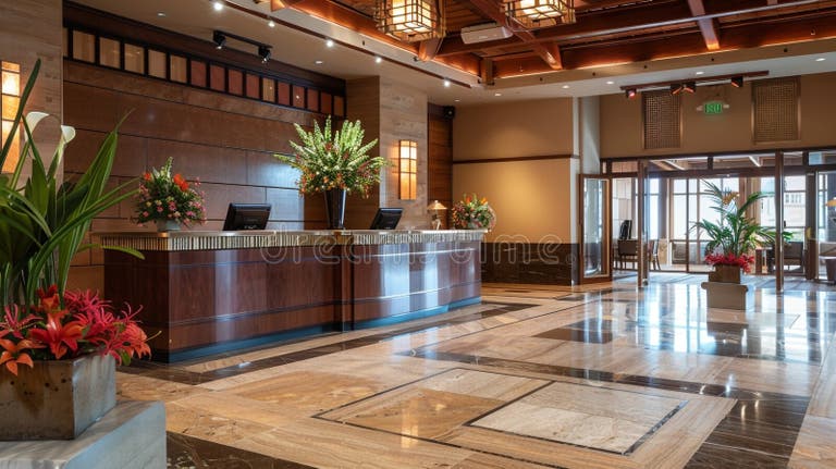 Hotel Check-in Counter in Spacious Lobby Stock Illustration ...