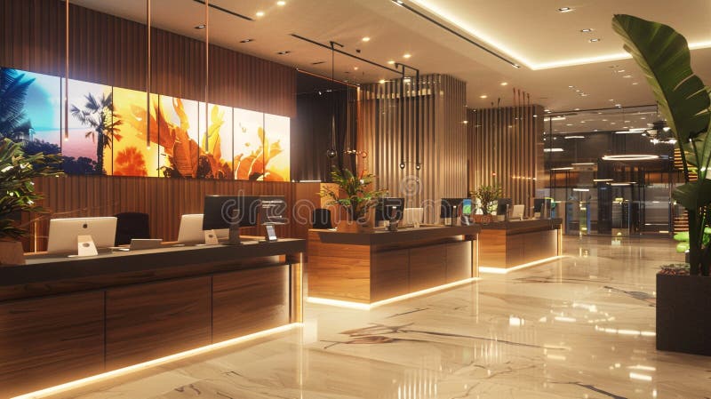Hotel Check-in Desk with Digital Artwork in Modern Lobby Stock ...