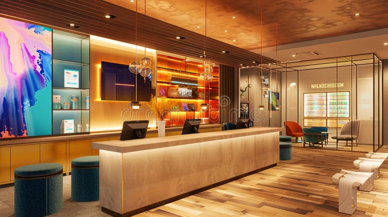 Hotel Check-in Desk Featuring Digital Artwork and Interactive Displays ...