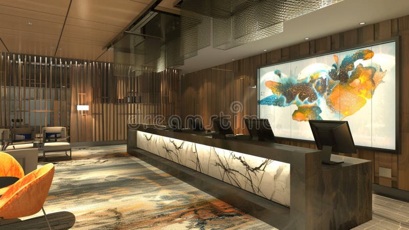 Hotel Check-in Desk Featuring Digital Artwork and Interactive Displays ...
