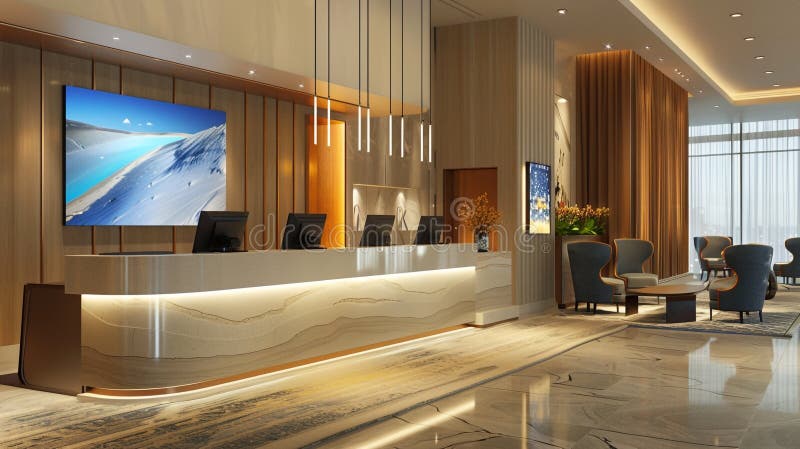 Hotel Check-in Desk Featuring Digital Artwork and Modular Seating Stock ...