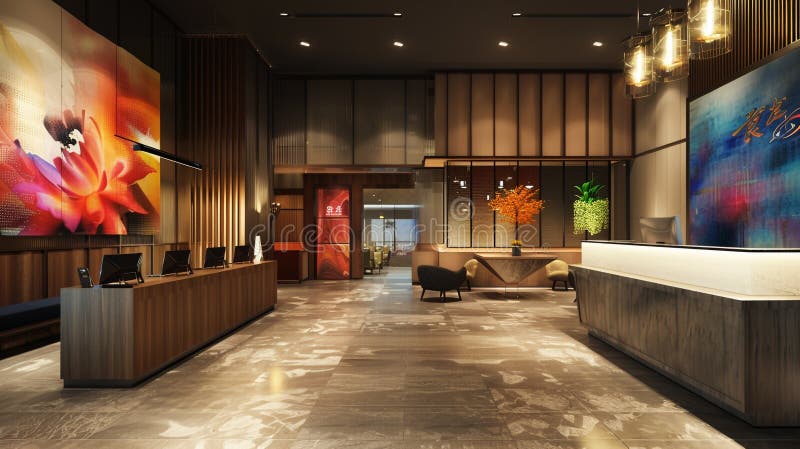 Hotel Check-in Desk Featuring Digital Artwork and Modular Seating Stock ...