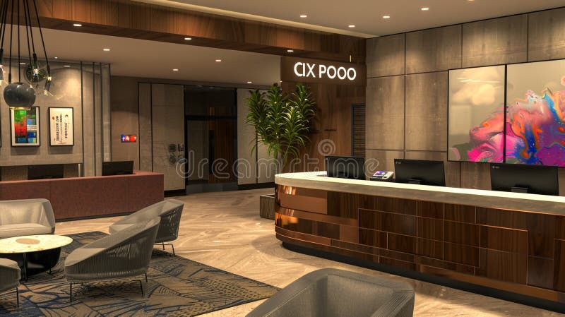 Hotel Check-in Desk Featuring Digital Artwork and Modular Seating Stock ...