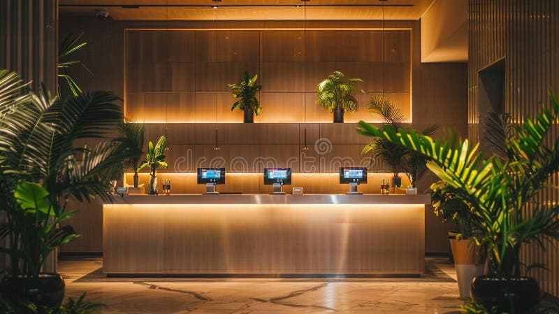 Hotel Check-in Desk Featuring Digital Displays in a Serene Ambiance ...