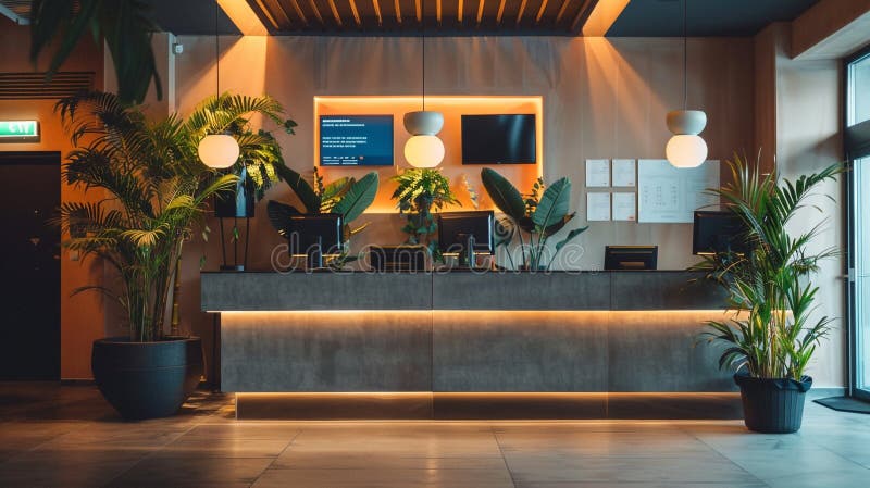 Hotel Check-in Desk Featuring Digital Displays in a Serene Ambiance ...