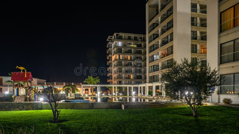 Hotel Complex with Swimming Pool Evening View 2 Stock Photo - Image of ...