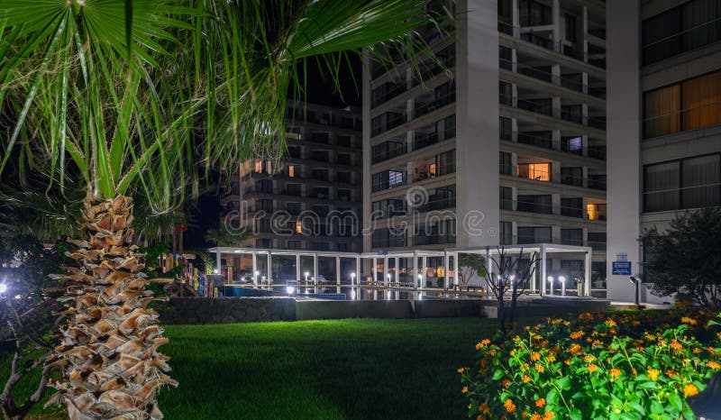Hotel Complex with Swimming Pool Evening View 1 Stock Image - Image of ...