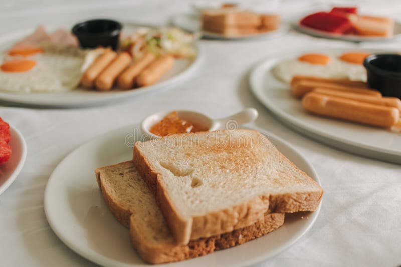 Hotel Complimentary Breakfast Served on White Bed. Stock Image - Image ...
