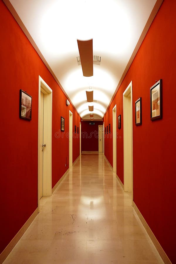Hotel Corridor with Red Walls Stock Photo - Image of arch, lobby: 282356354
