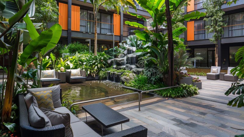 Hotel Courtyard with Water Feature and Lush Plants Stock Illustration ...
