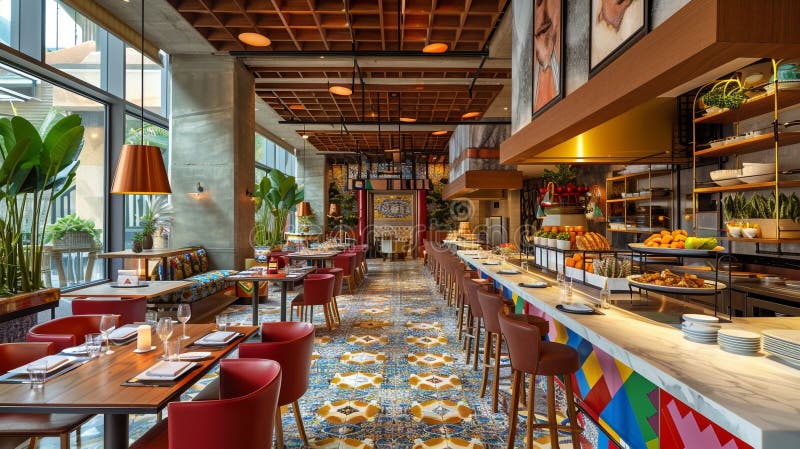 Hotel Dining Area Showcases Open Kitchen and Chef S Table Stock ...