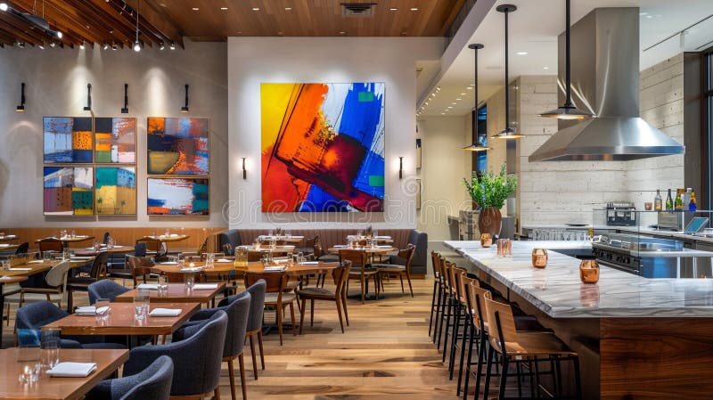 Hotel Dining Room Featuring Abstract Art and Communal Tables Stock ...