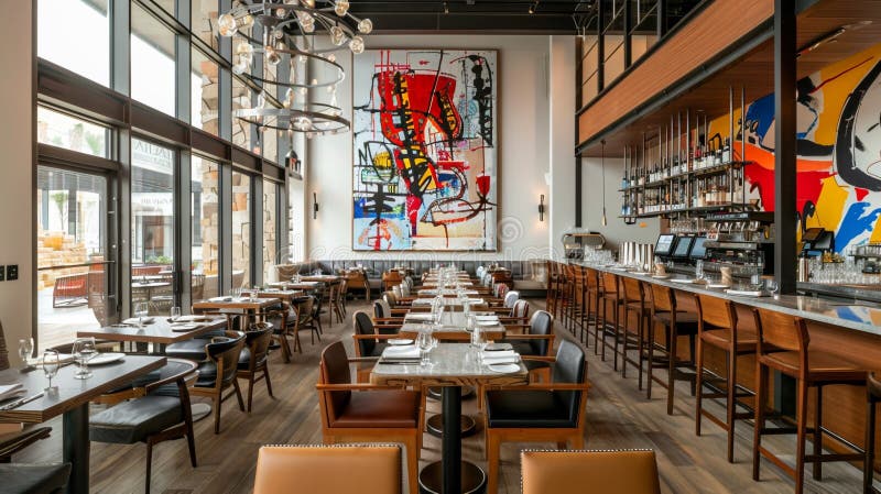Hotel Dining Room Featuring Abstract Art and Communal Tables Stock ...