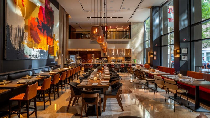Hotel Dining Room Featuring Abstract Art and Communal Tables Stock ...