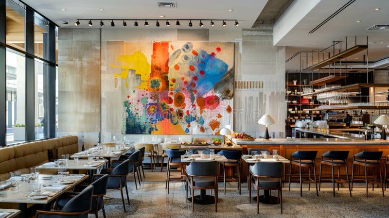 Hotel Dining Room Featuring Abstract Art and Communal Tables Stock ...