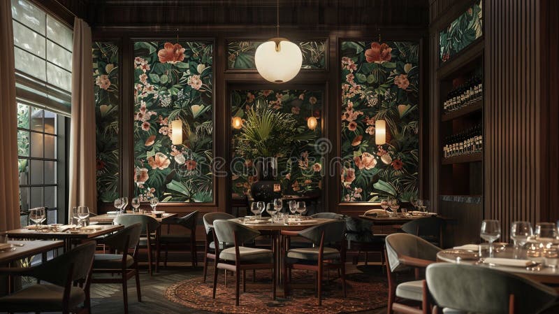 Hotel Dining Room Featuring Botanical Wallpaper and Silk Drapes Stock ...