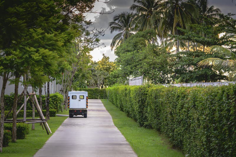 Hotel Electric Car Stands on the Path in the Hotel in a Beautiful Place ...