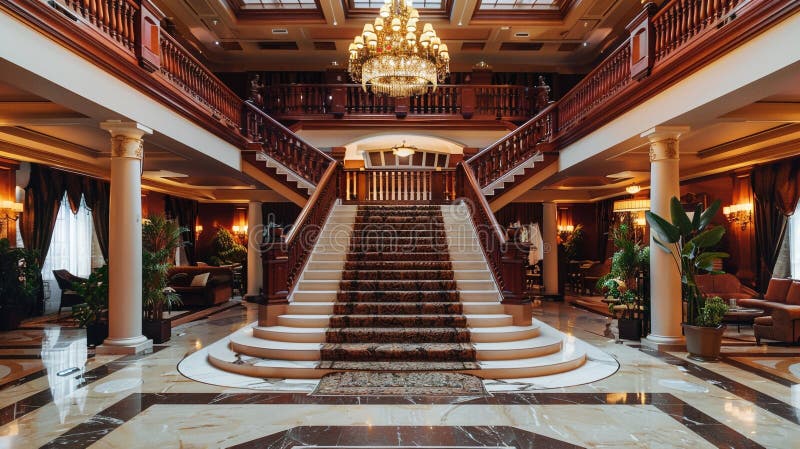 Hotel Entrance Featuring Grand Staircase and Elegant Decor Stock ...