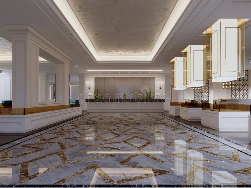 Hotel Foyer with Reception Desk and Columns in Classic Interior Design ...