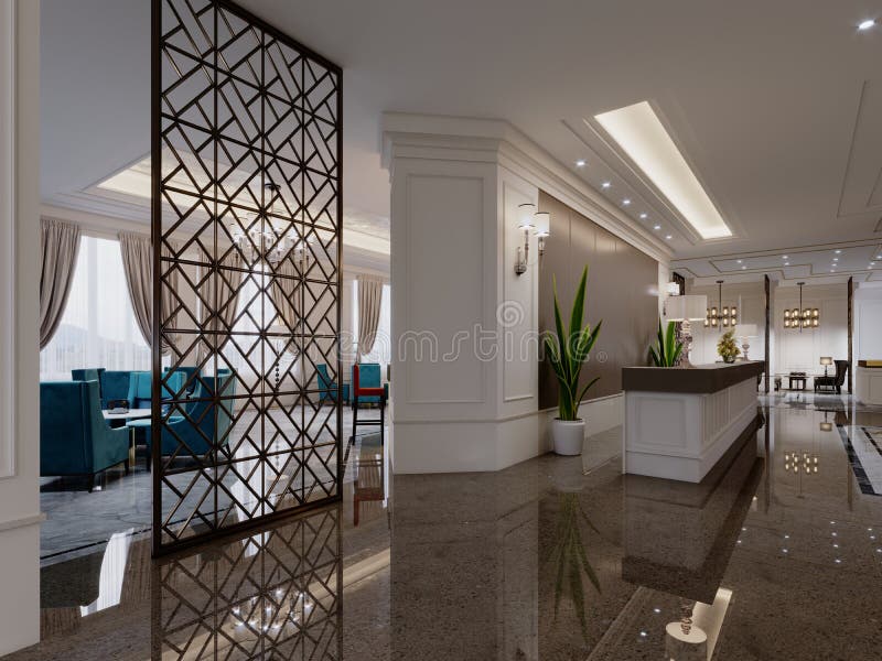 Hotel Foyer with Reception Desk and Columns in Classic Interior Design ...