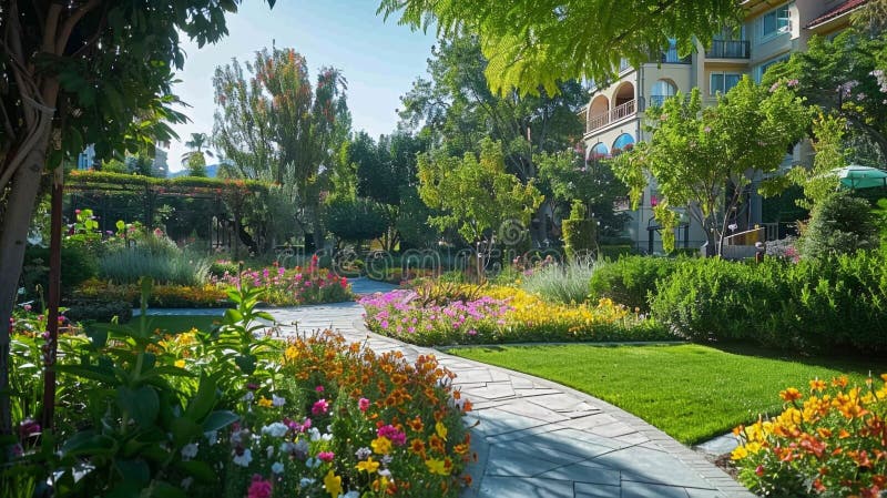 Hotel Garden Features Colorful Flowers and Walking Paths Stock ...