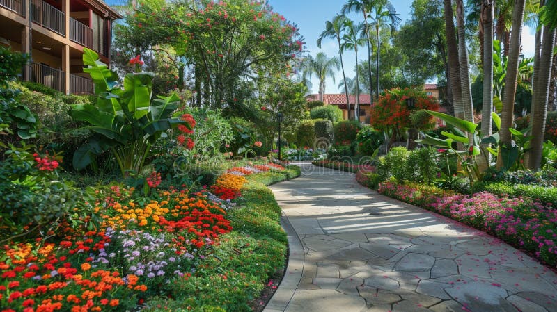 Hotel Garden Showcasing Colorful Flowers and Walking Paths Stock ...