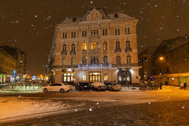 Hotel George in Lviv in Winter Editorial Photo - Image of night, famous ...