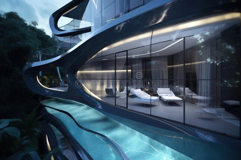 Hotel with Glass Balcony Pools. Generative AI Stock Illustration ...