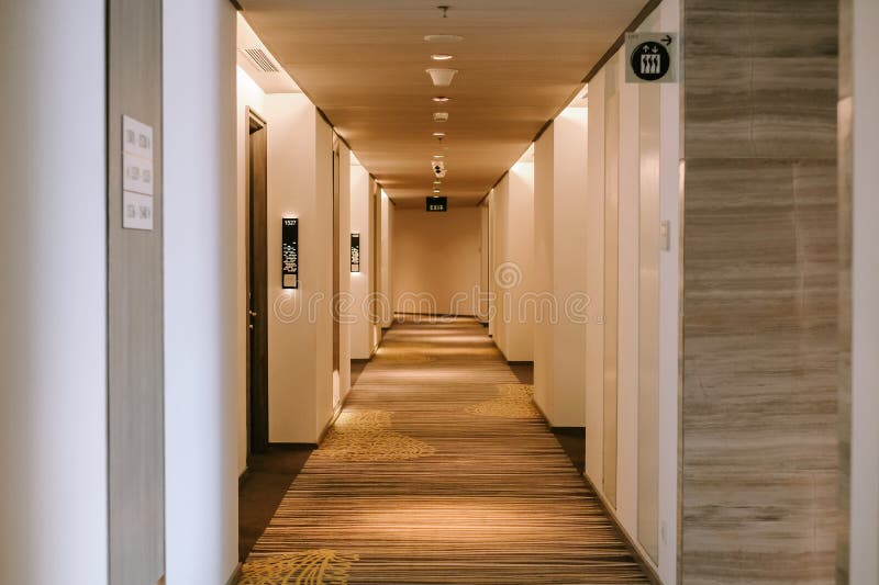 Hotel Hallway with Carpeted Floor and Recessed Lighting, Long Corridor ...