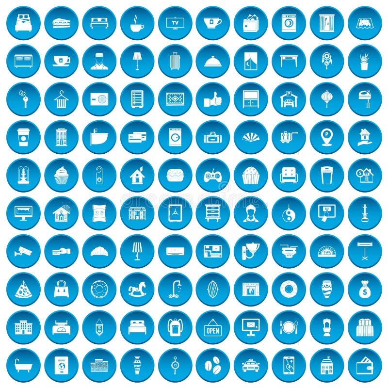 100 hotel icons set blue stock vector. Illustration of reservation ...