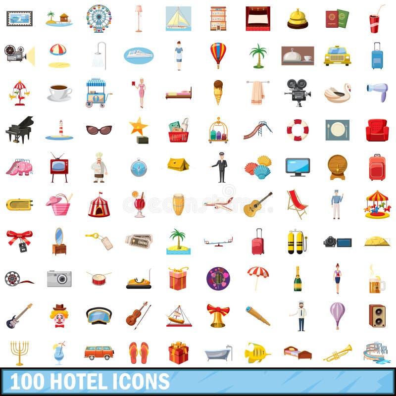 100 Hotel Icons Set, Cartoon Style Stock Vector - Illustration of drink ...