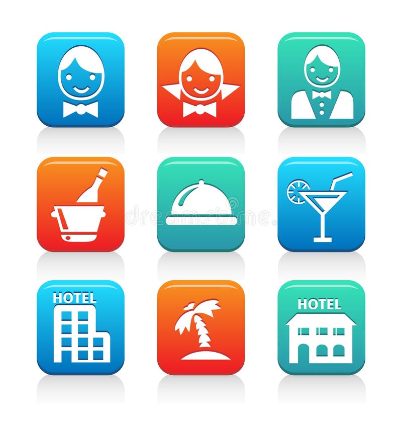 Hotel icons 3 stock vector. Illustration of dinner, blue - 75867321